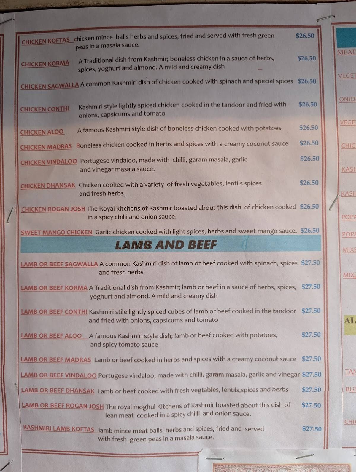 Menu at Ashraf's restaurant, Wanaka