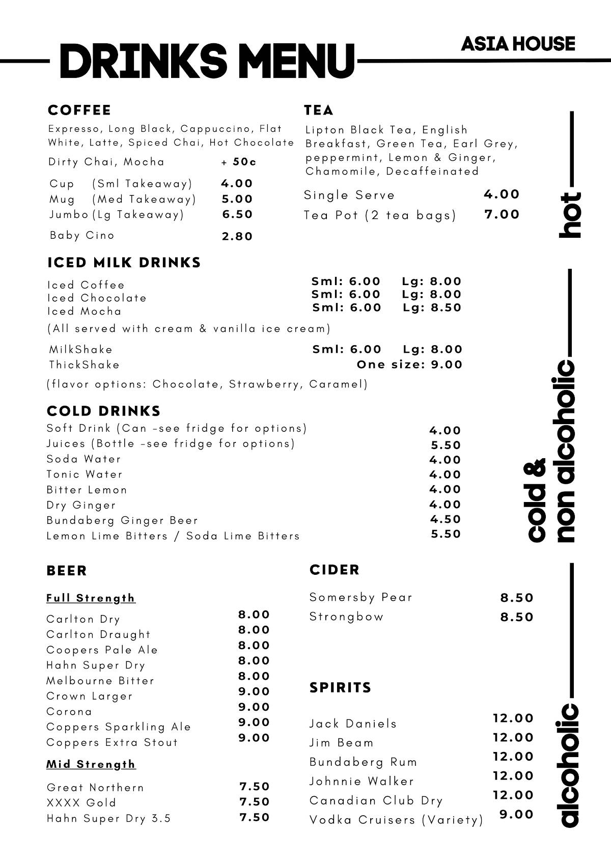 Menu at Asia House restaurant, Millicent