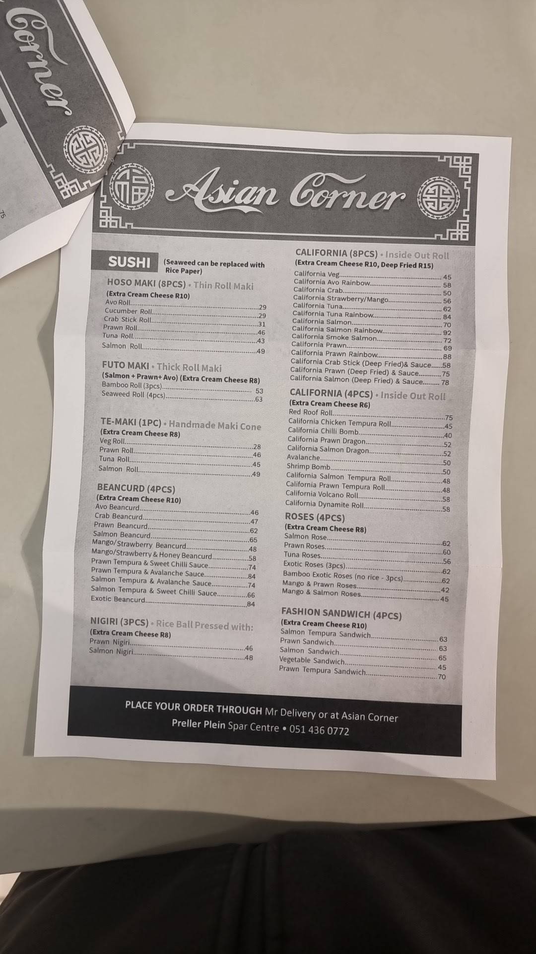 Menu at Asian Corner restaurant, Bloemfontein