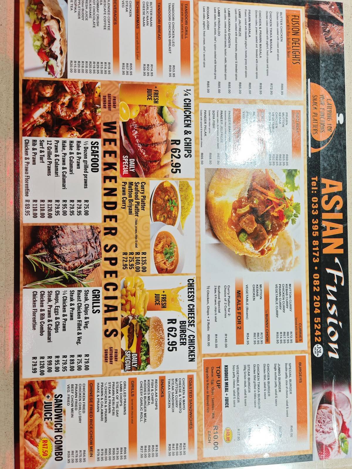 Menu at Asian Fusion restaurant, Pietermaritzburg, The Msunduzi