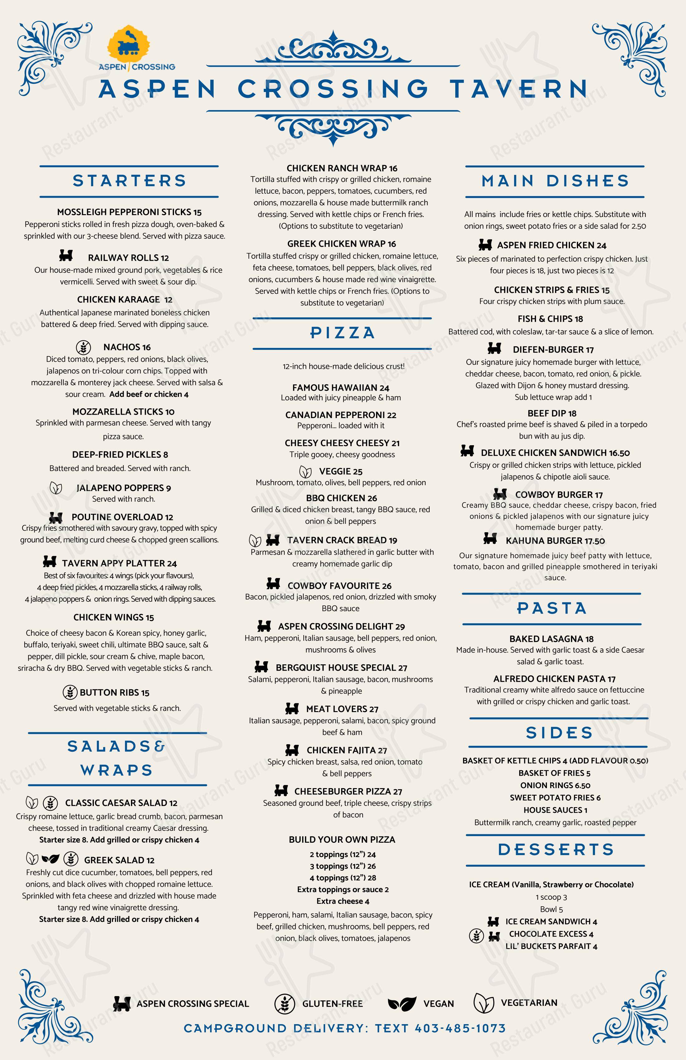 Menu at Aspen Crossing Bergquist House Tavern restaurant, Mossleigh
