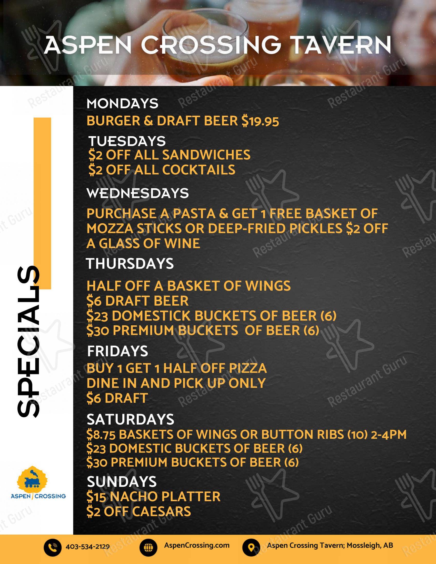 Menu at Aspen Crossing Bergquist House Tavern restaurant, Mossleigh