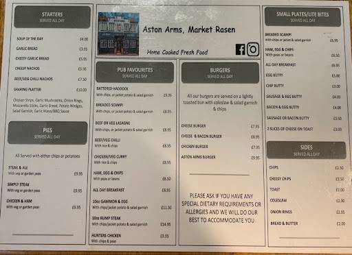 Menu at Aston Arms pub & bar, Market Rasen, 18 Market Pl