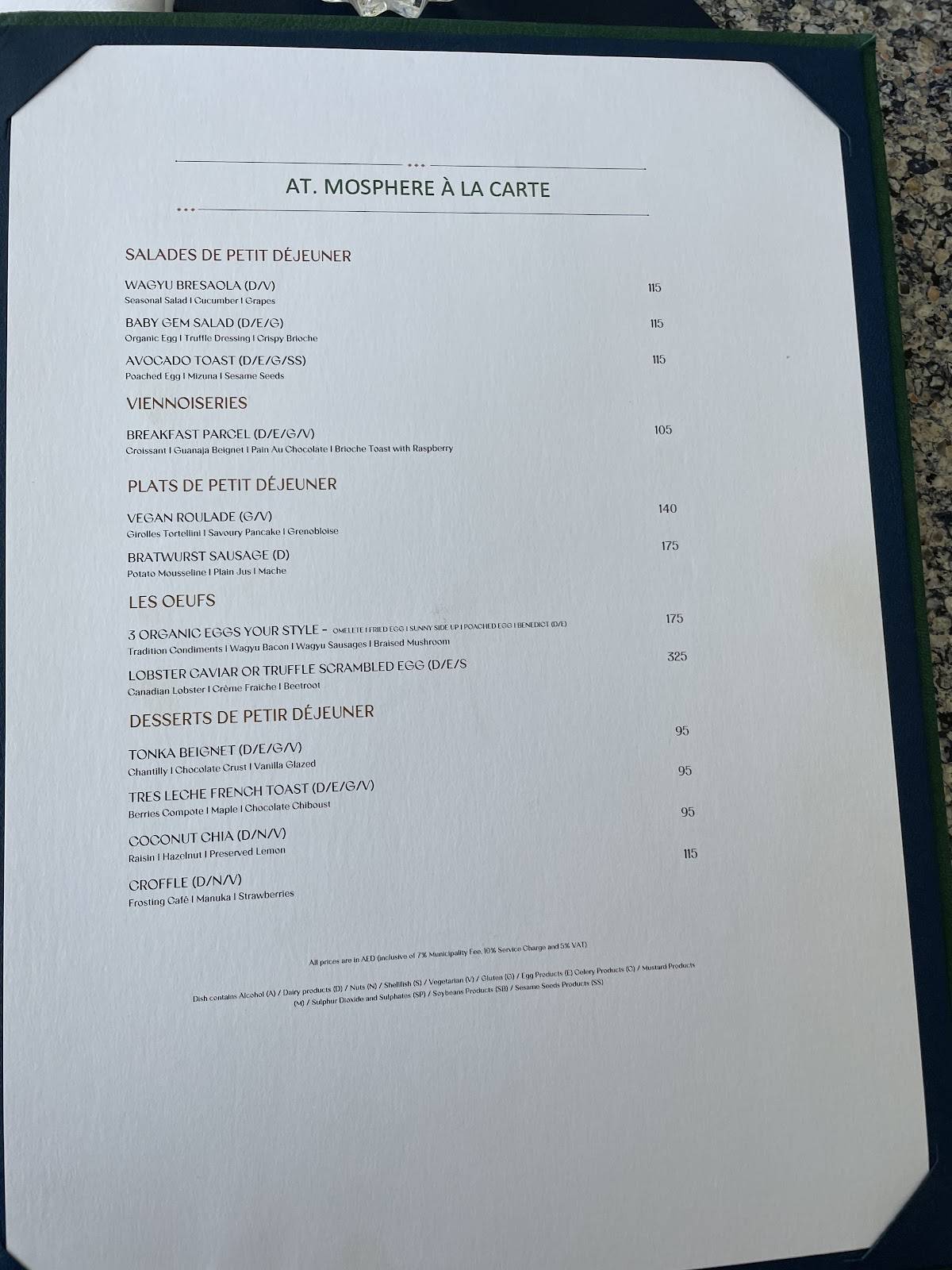 Menu at Atmosphere Burj Khalifa restaurant, Dubai, 57XF+J8R Burj ...