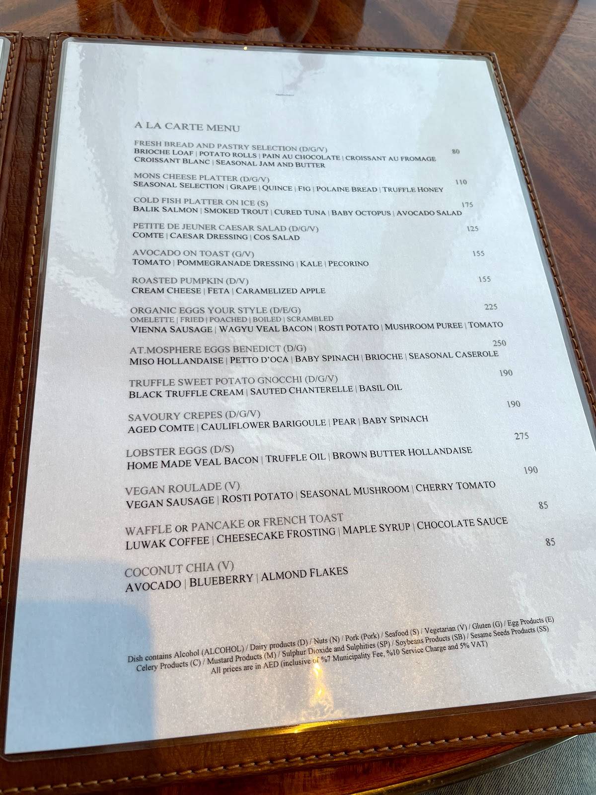 Menu at Atmosphere Burj Khalifa restaurant, Dubai, 57XF+J8R Burj ...