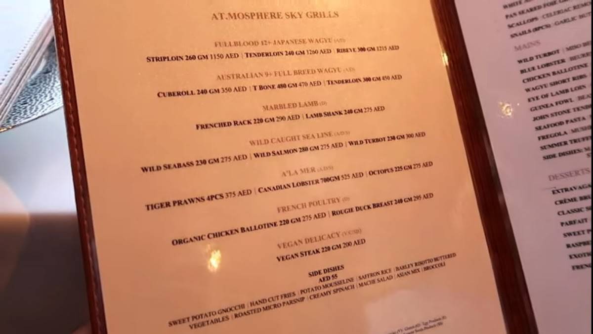 Menu at Atmosphere Burj Khalifa restaurant, Dubai, 57XF+J8R Burj ...