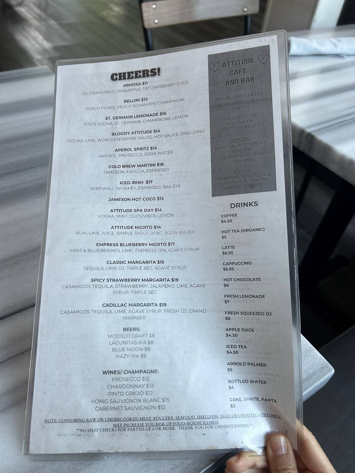 Menu at Attitude Cafe, Los Angeles