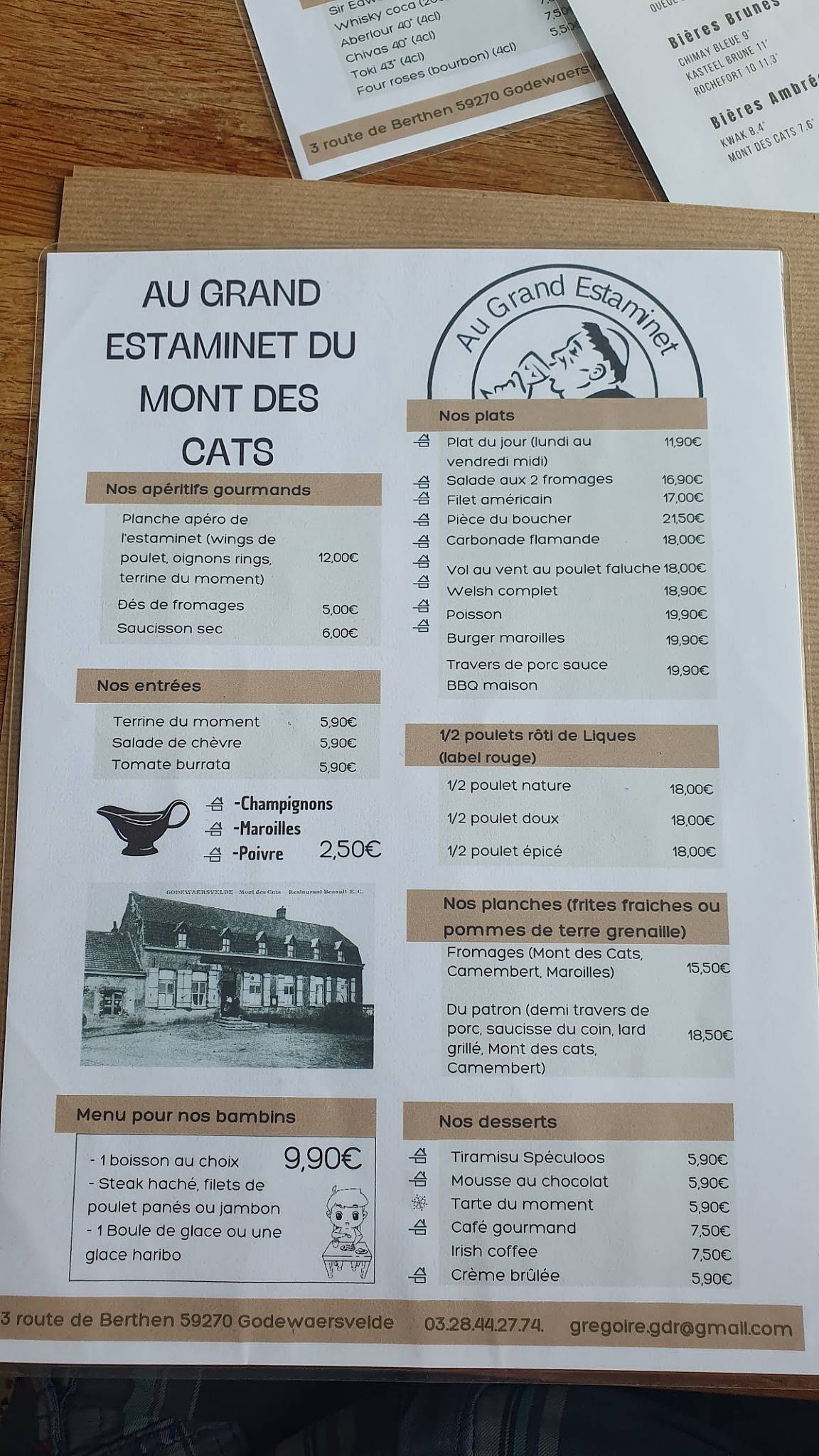 Menu au Au Grand Estaminet du Mont des Cats restaurant, Godewaersvelde
