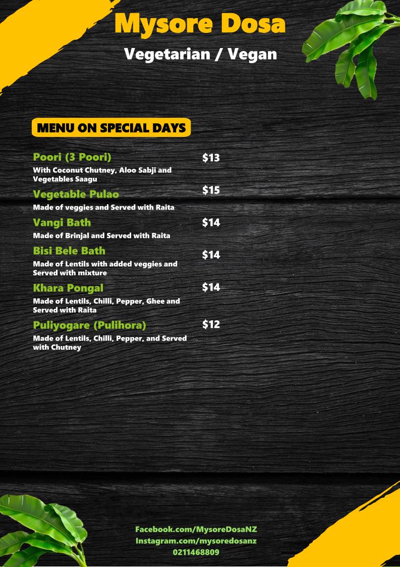 Menu at Mysore Dosa restaurant, Auckland
