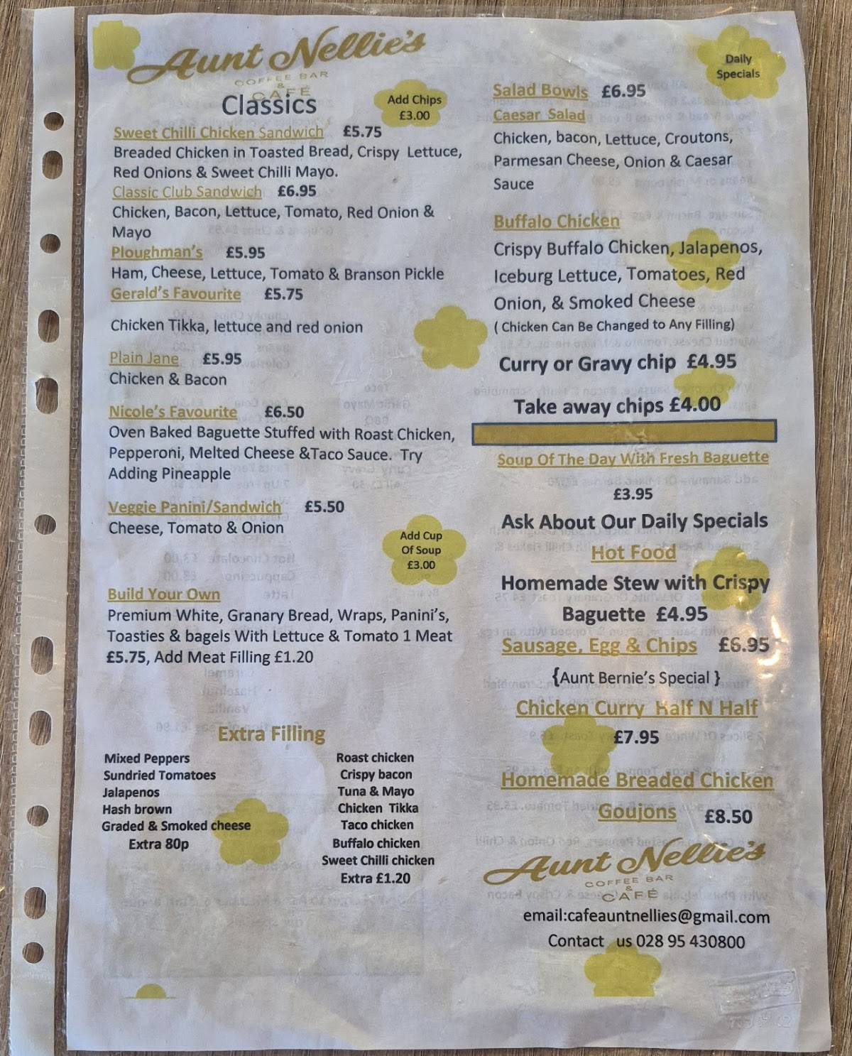 Menu at Aunt Nellie's Cafe Belfast, Belfast