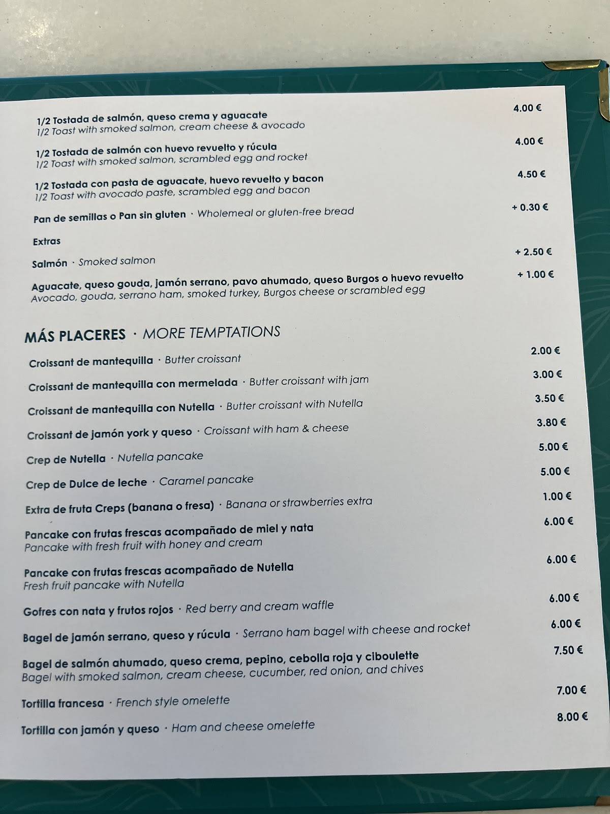 Carta del restaurante Aurora Dulce & Salado, Mojácar