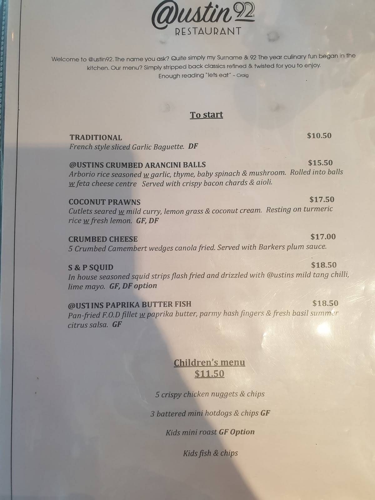 Menu at Austin 92 Restaurant, Temuka