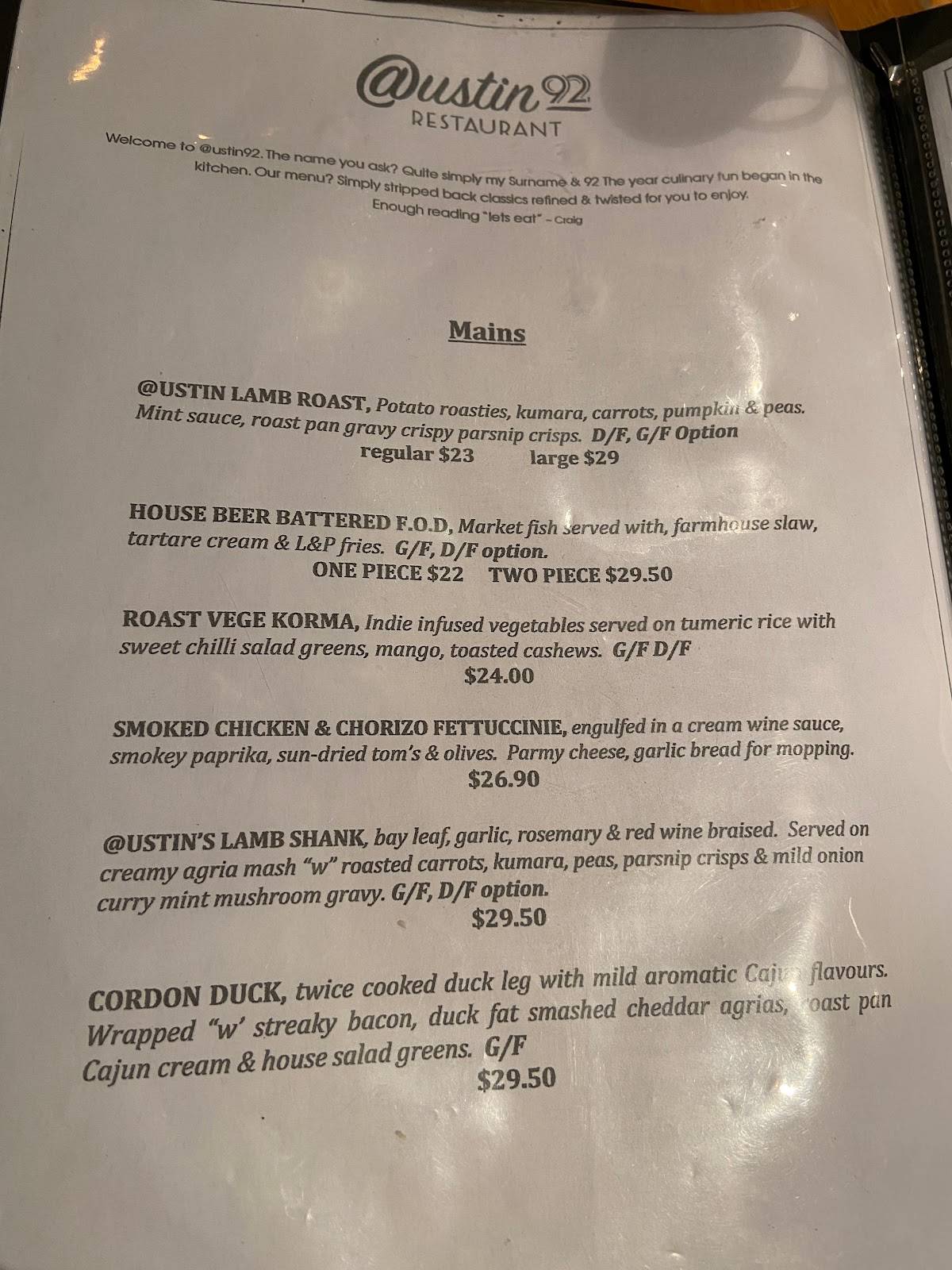 Menu at Austin 92 Restaurant, Temuka