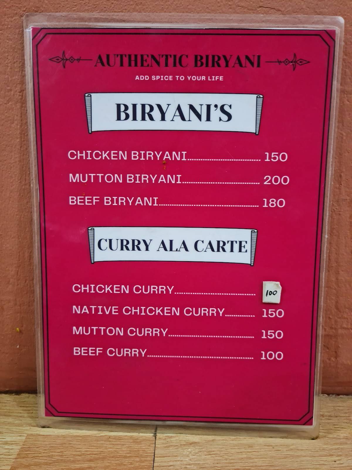 Menu at Authentic Biryani restaurant, Caloocan