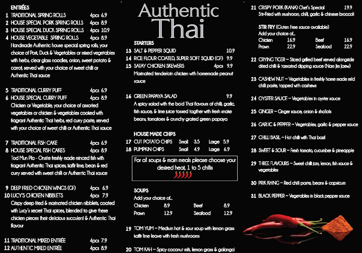 Menu at Authentic Thai Restaurant, Nelson Bay