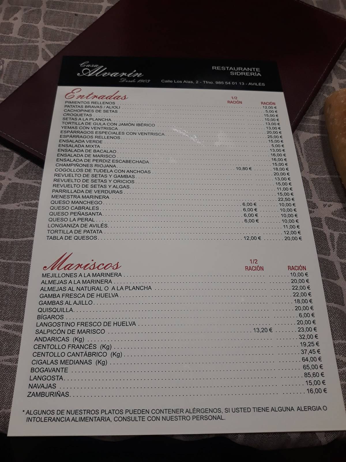Carta de Restaurante Casa Alvarín, Aviles