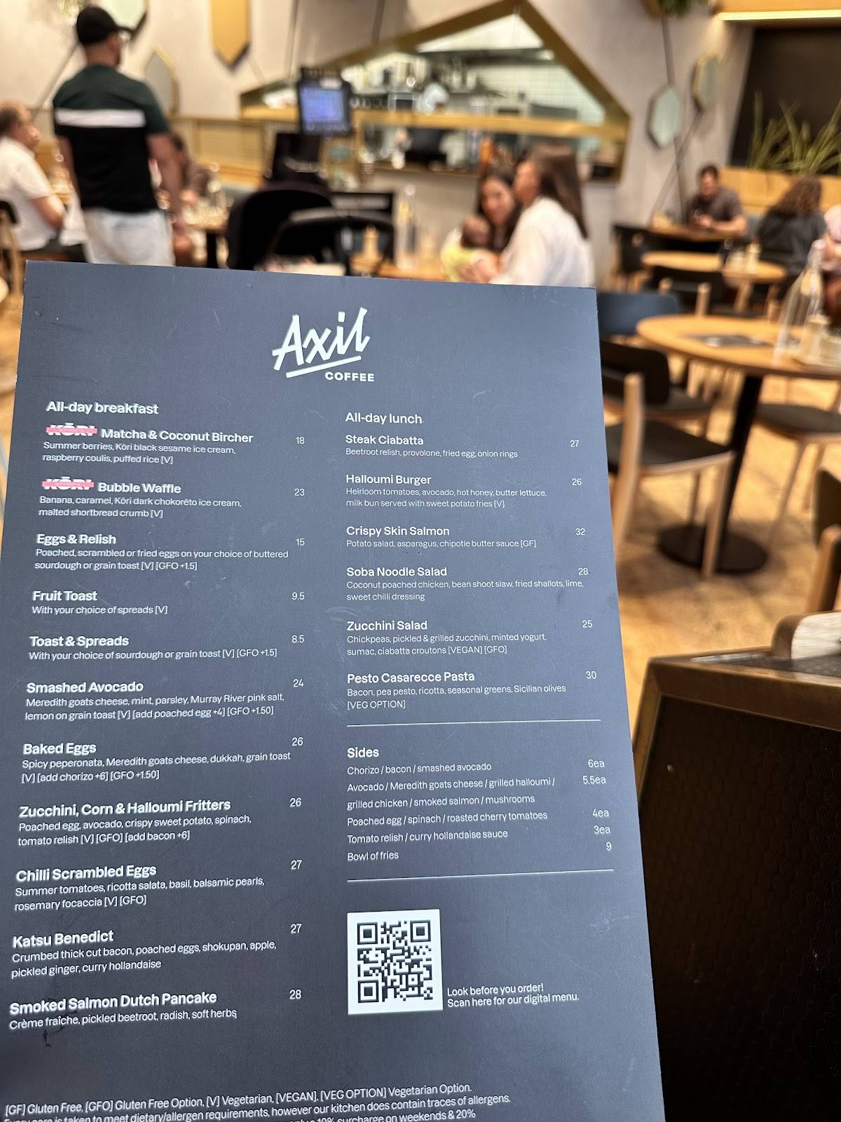 Menu at Axil cafe, Malvern East