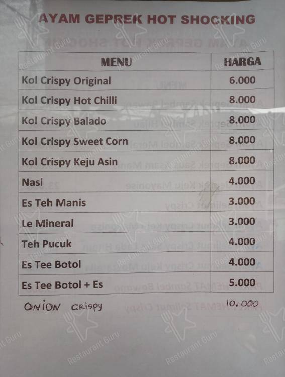 Menu at Ayam Geprek Hot Shocking restaurant, East Jakarta, QWH4+GCG