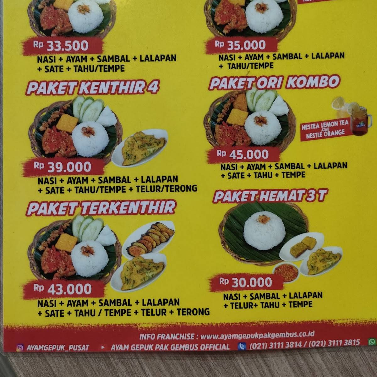 Menu at Ayam Gepuk Pak Gembus Tugu Muda restaurant, Semarang