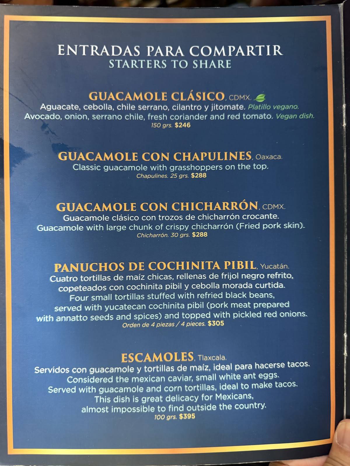 Carta del restaurante Azul Histórico, Ciudad del México