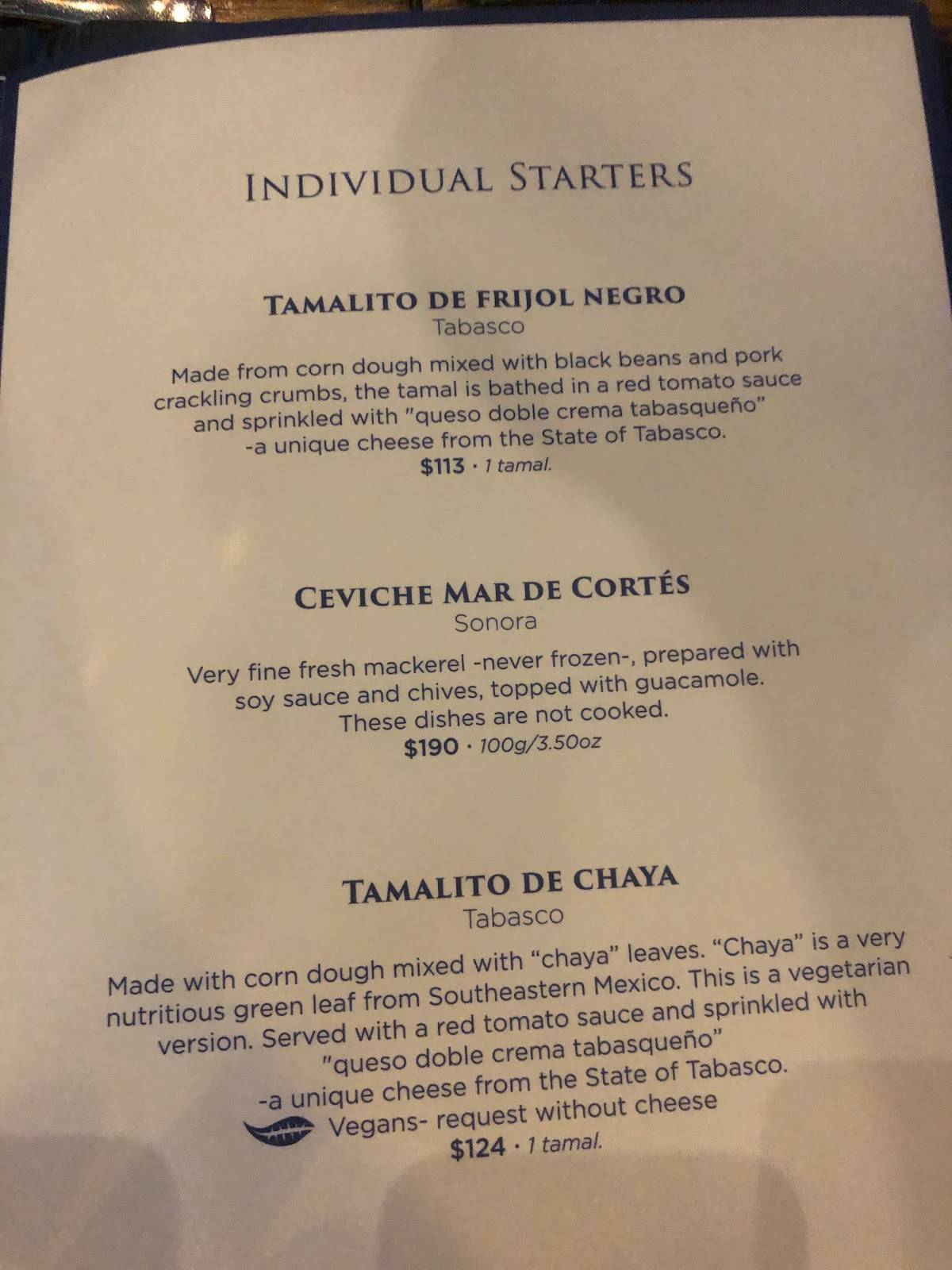 Carta del restaurante Azul Histórico, Ciudad del México