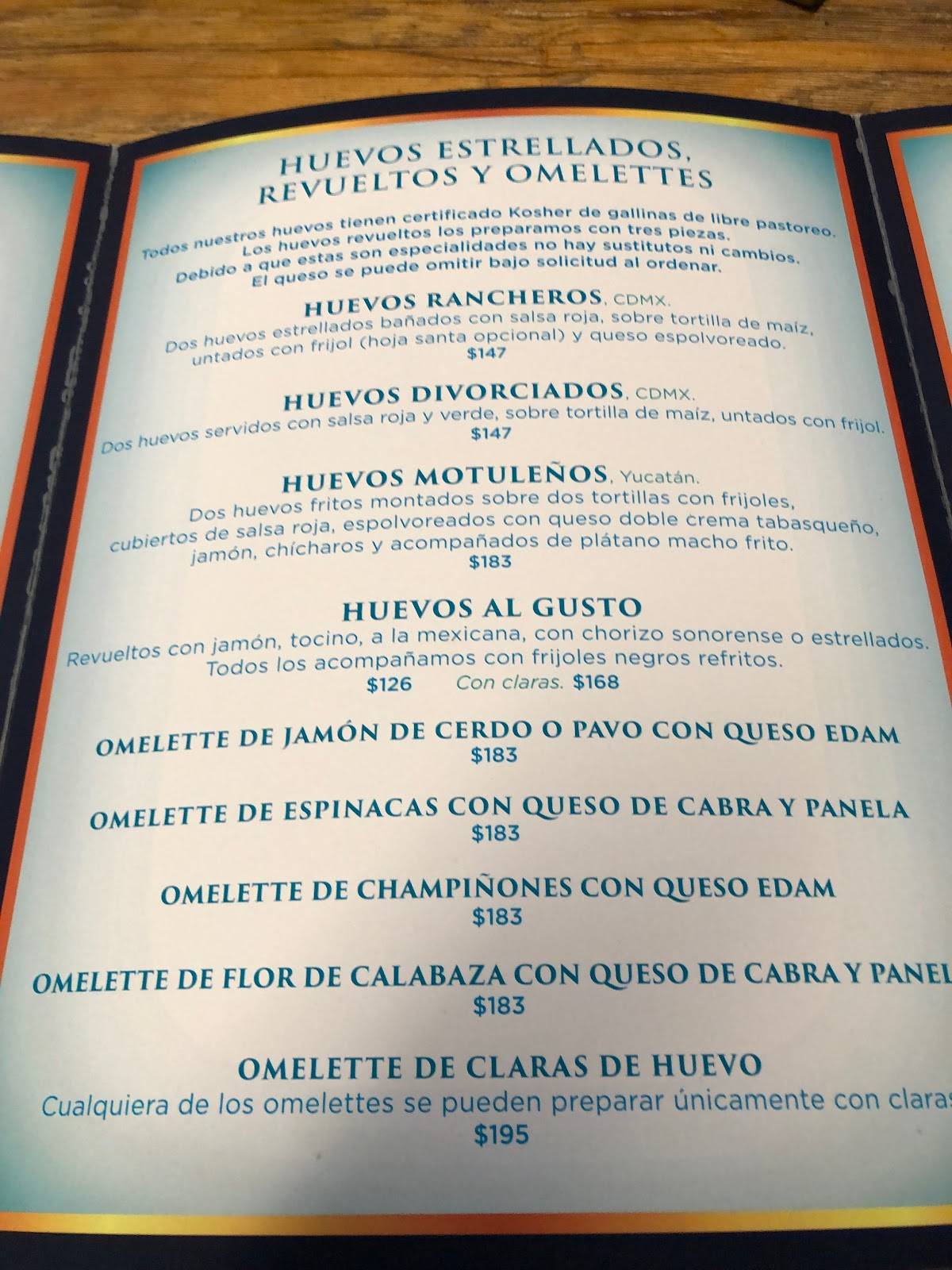 Carta del restaurante Azul Histórico, Ciudad del México