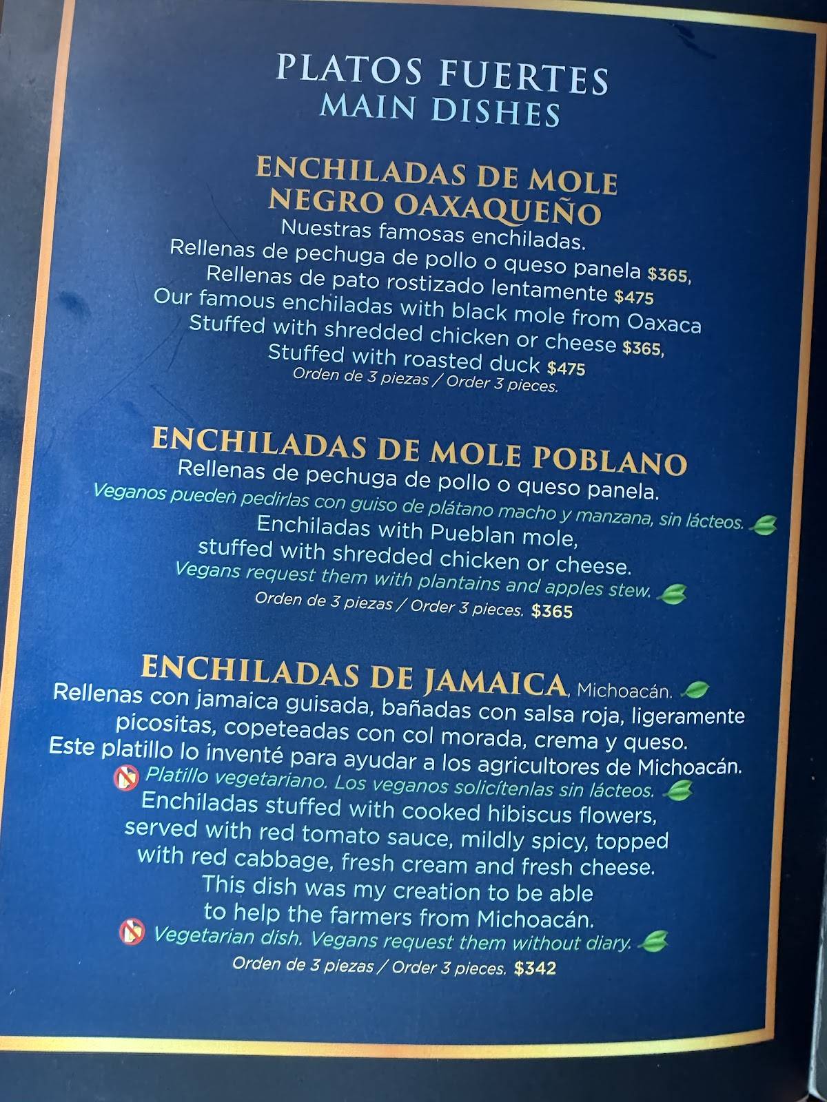 Carta del restaurante Azul Histórico, Ciudad del México