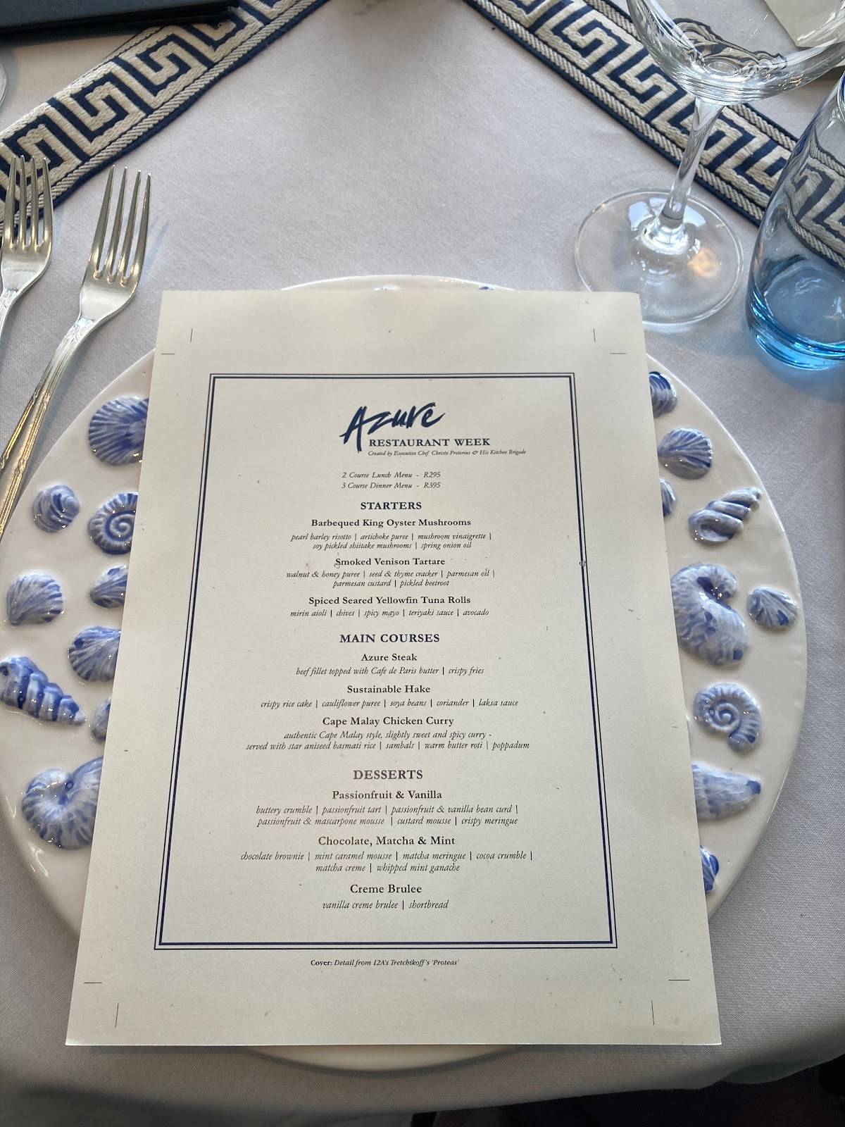 Menu au Azure Restaurant, Le Cap, Queen Victoria St