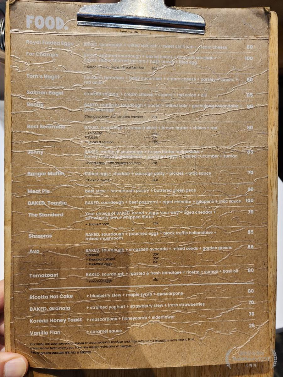 Menu at BAKED. Berawa cafe, Canggu, Jl. Raya Semat Gg. Kupu kupu No.1