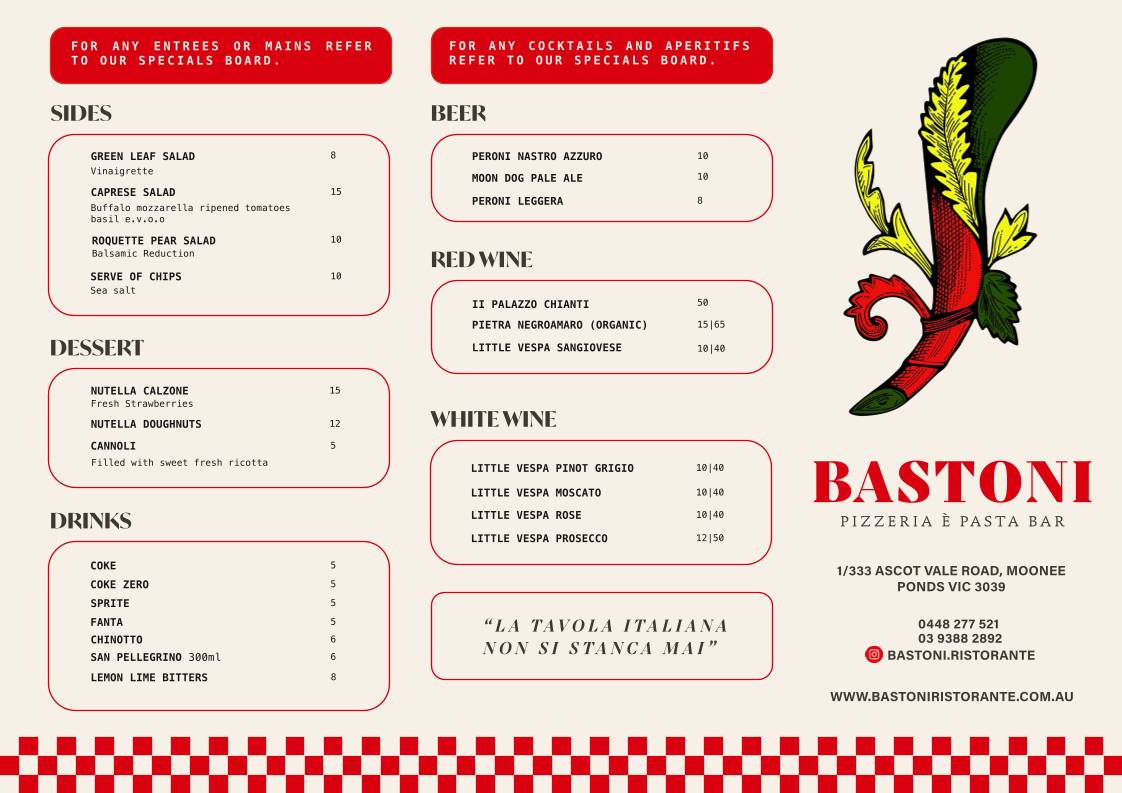 Menu at BASTONI restaurant, Moonee Ponds