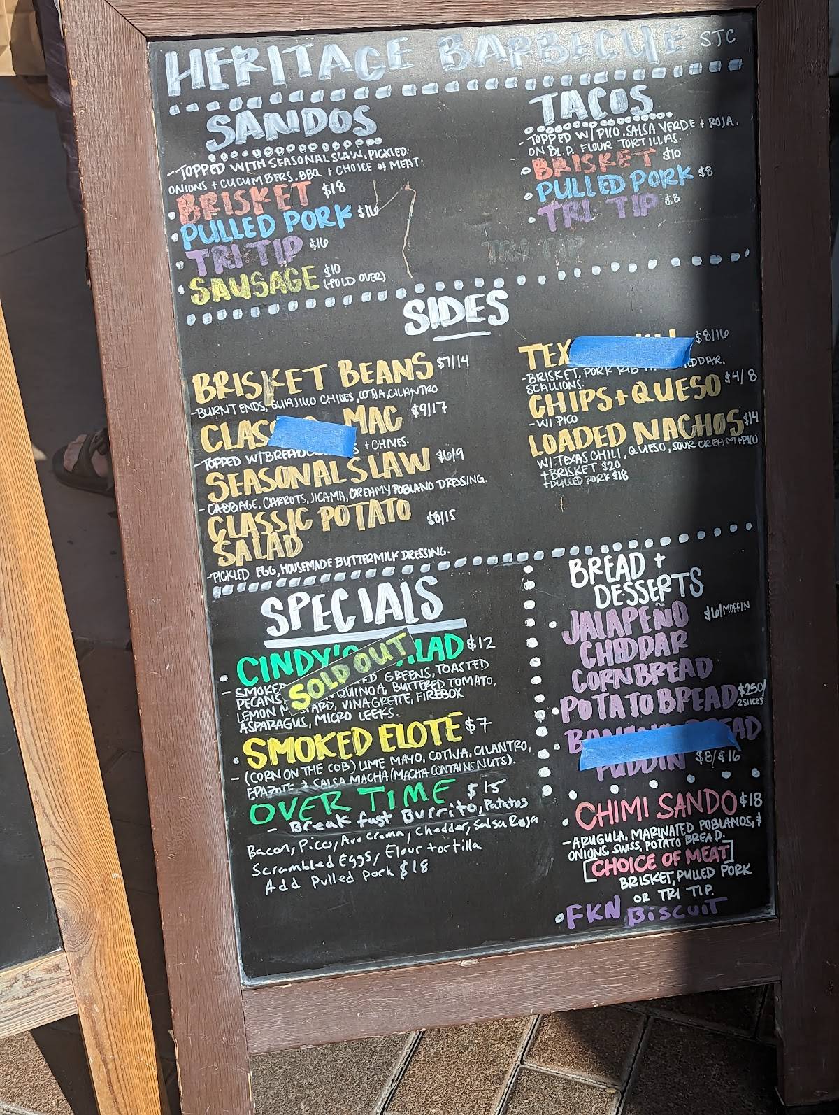 Menu at Heritage Barbecue, San Juan Capistrano