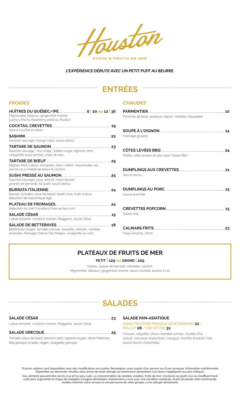 Menu au Houston Steak & Fruits De Mer BBQ, Laval, Av. Pierre-Péladeau