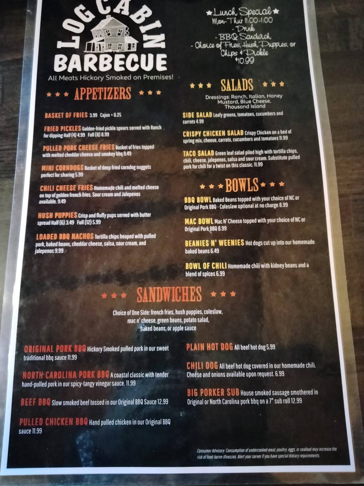 Menu at Log Cabin Barbecue, McGaheysville, Spotswood Trail