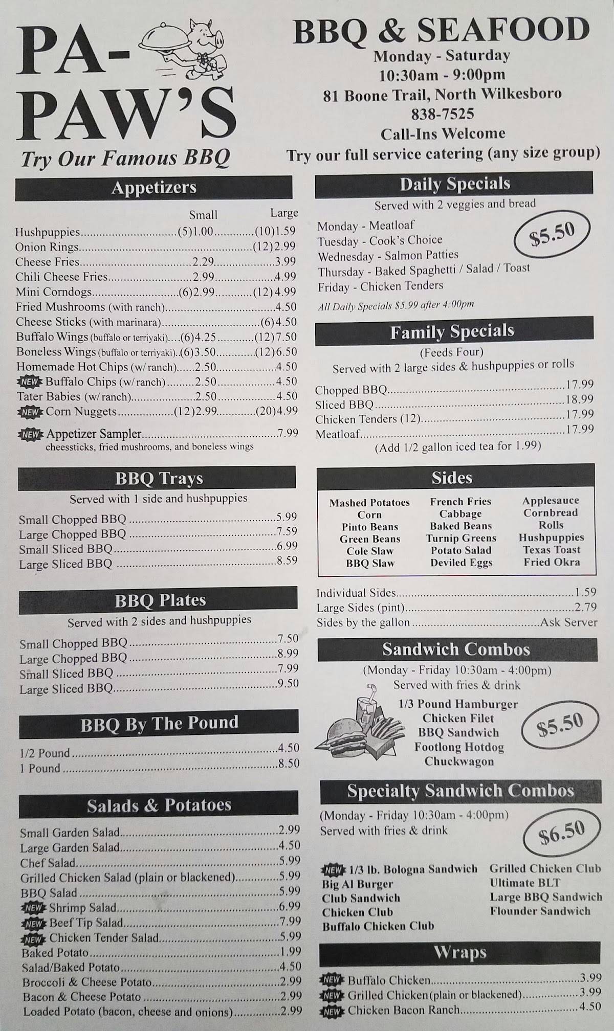 Menu at Pa Paw's Bar-B-Que Restaurant, North Wilkesboro
