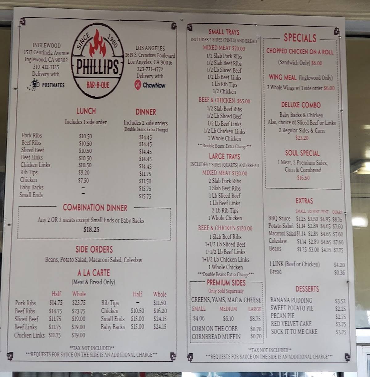 Menu at Phillips Bar-B-Que, Los Angeles, Crenshaw Blvd