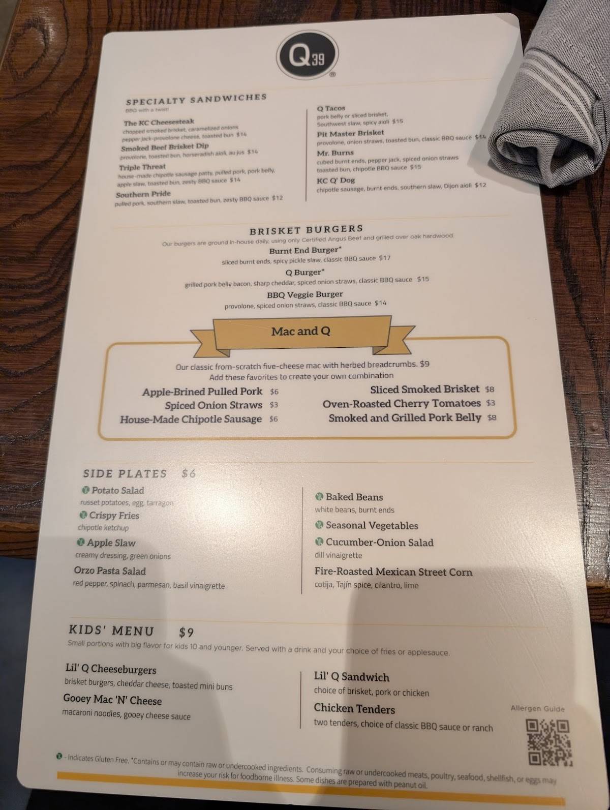 Menu at Q39 - Midtown BBQ, Kansas City