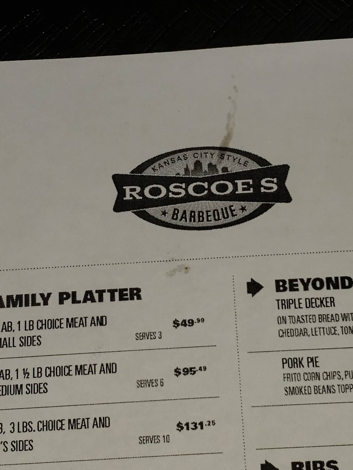 Menu at Roscoe's BBQ, Edwardsville