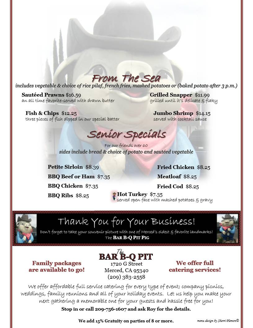 Menu at The Bar B-Q Pit, Merced