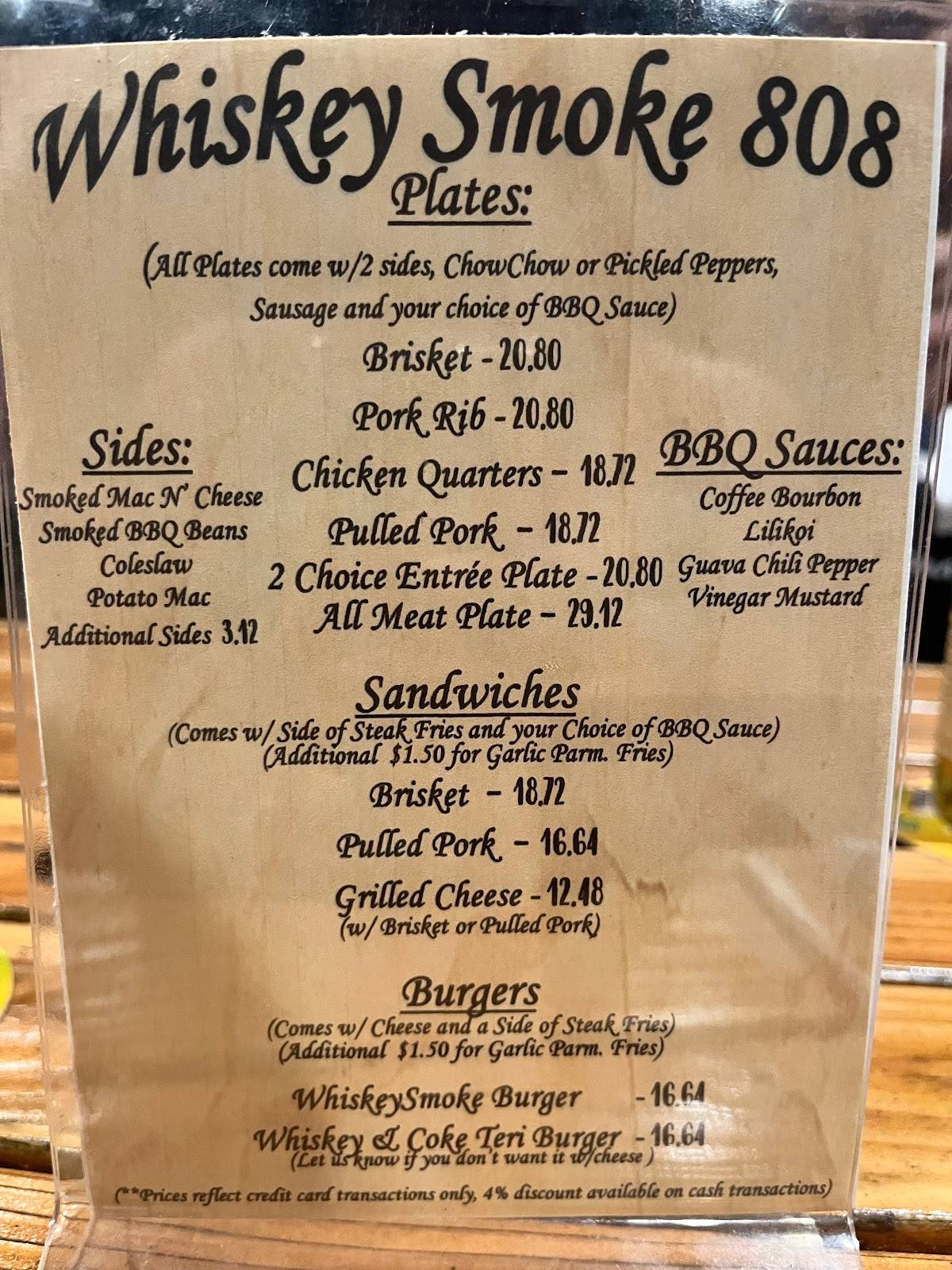 Menu at Whiskey Smoke 808 BBQ, Kaneohe