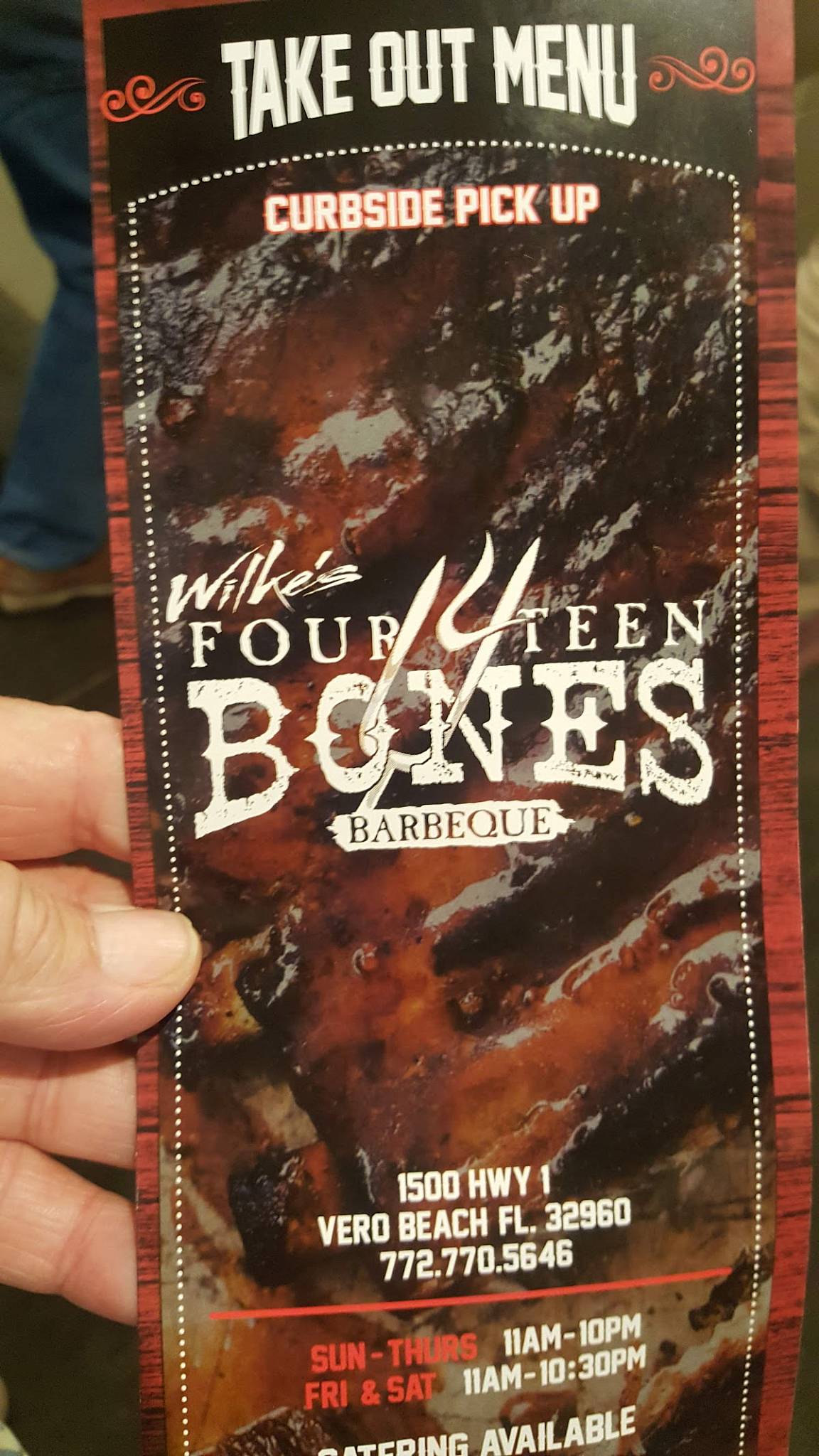 Menu at Wilke's 14 Bones BBQ, Vero Beach
