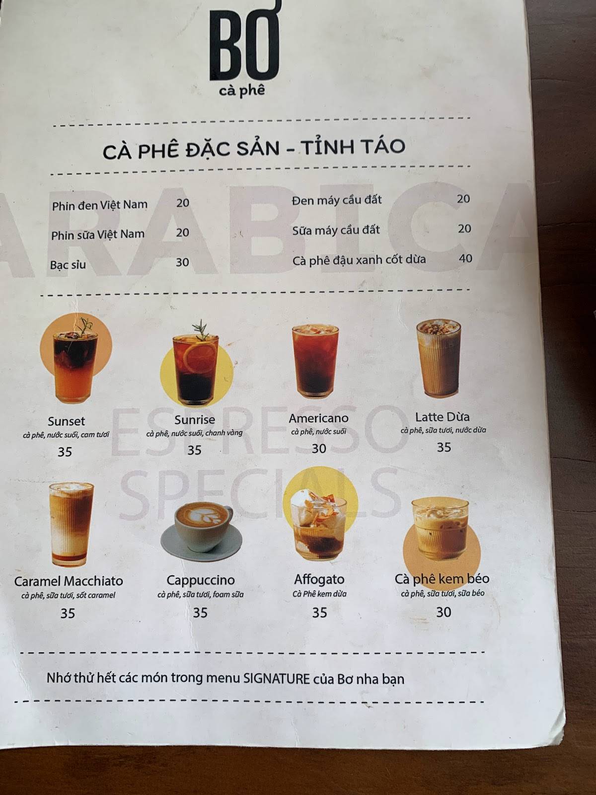 Menu at BƠ cà phê cafe, Hai Duong