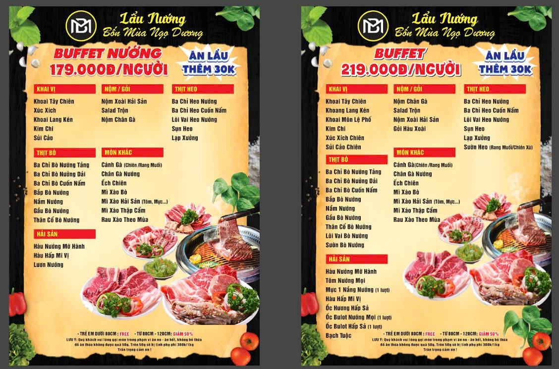 Menu at BỐN MÙA LẨU NƯỚNG quán toan restaurant, Hai Phong