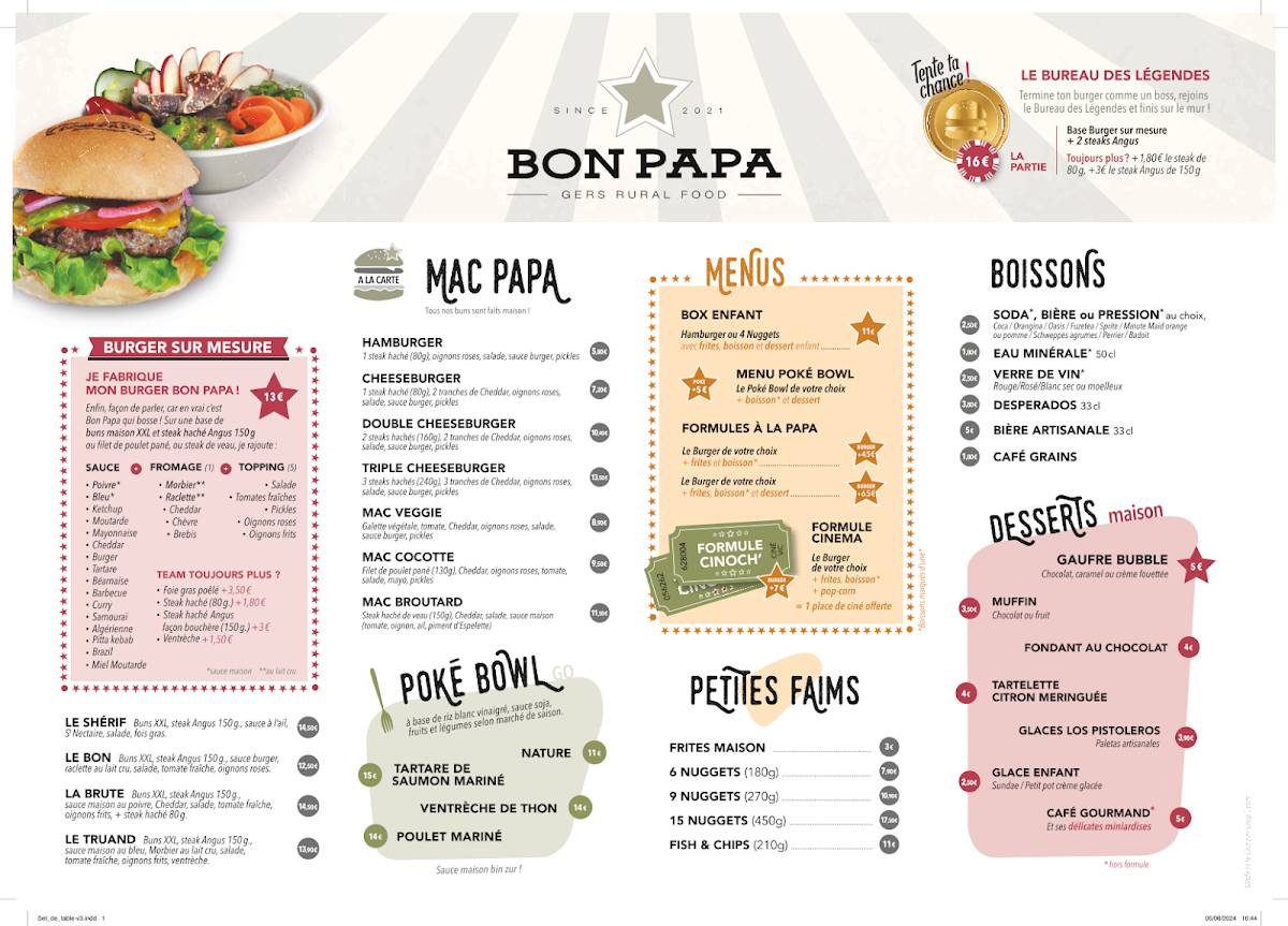 Menu au Bon Papa restaurant, Vic-Fezensac