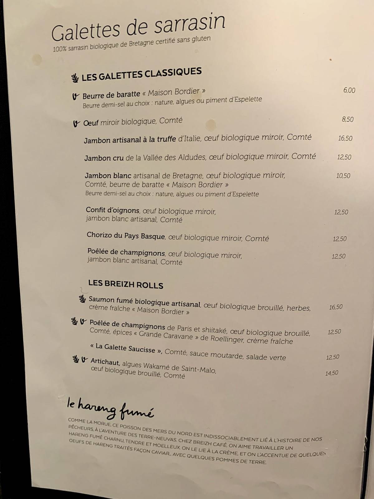 Menu au Breizh Café Batignolles, Paris, 31 rue des Batignolles