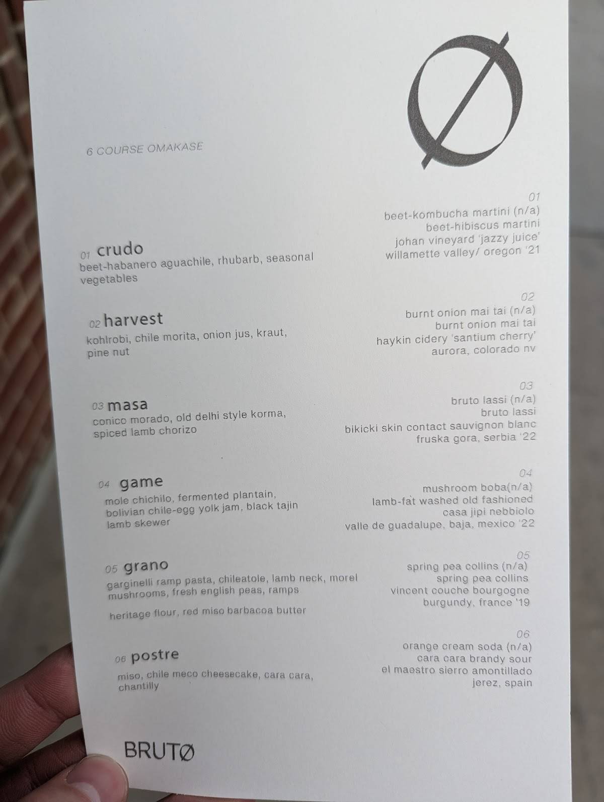 Menu at BRUTO cafe, Denver