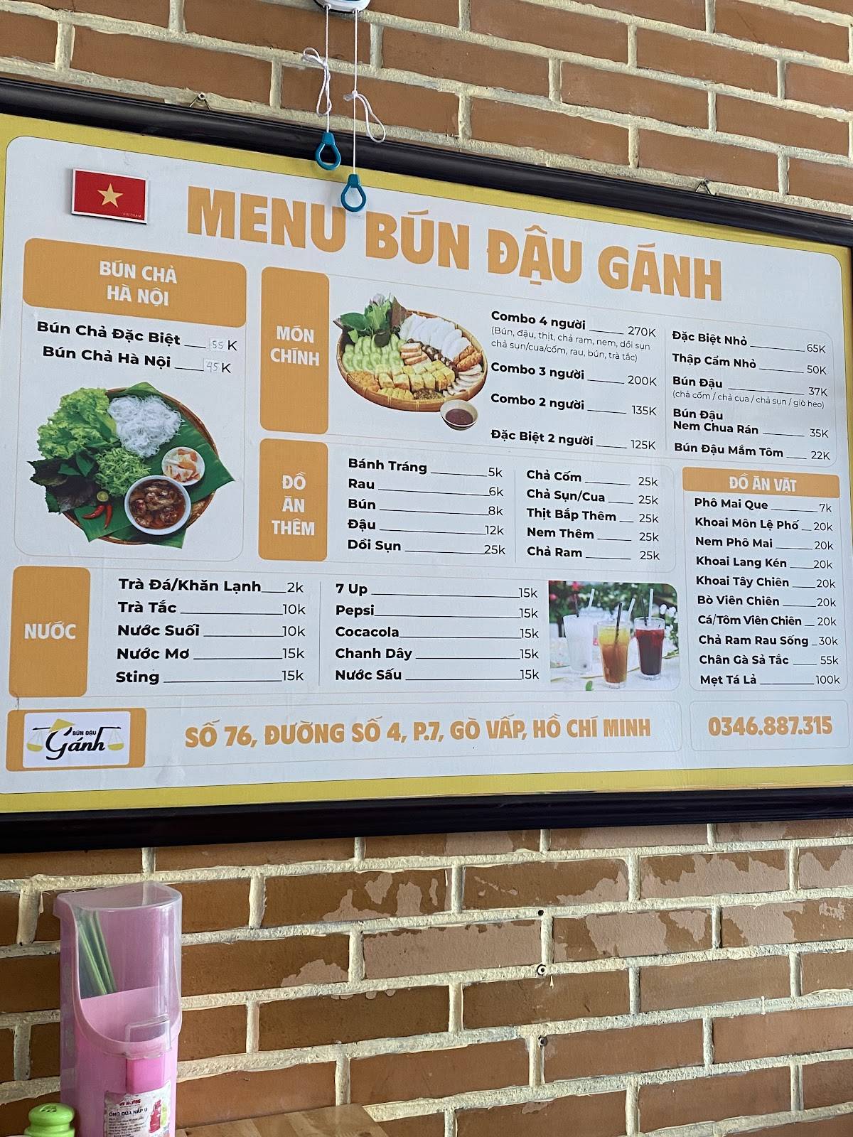 Menu at BÚN ĐẬU GÁNH, Ho Chi Minh City