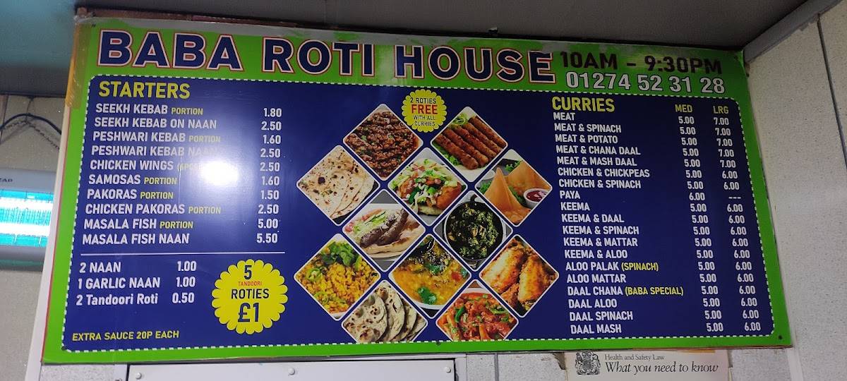Menu at Baba Roti restaurant, Bradford