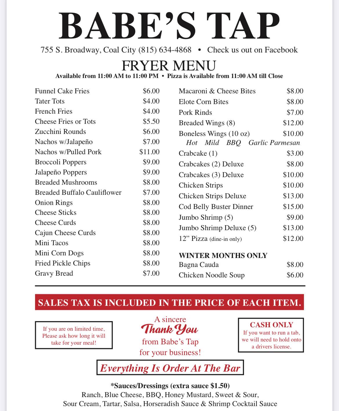 Menu at Babe's Tap & Grill pub & bar, Coal City