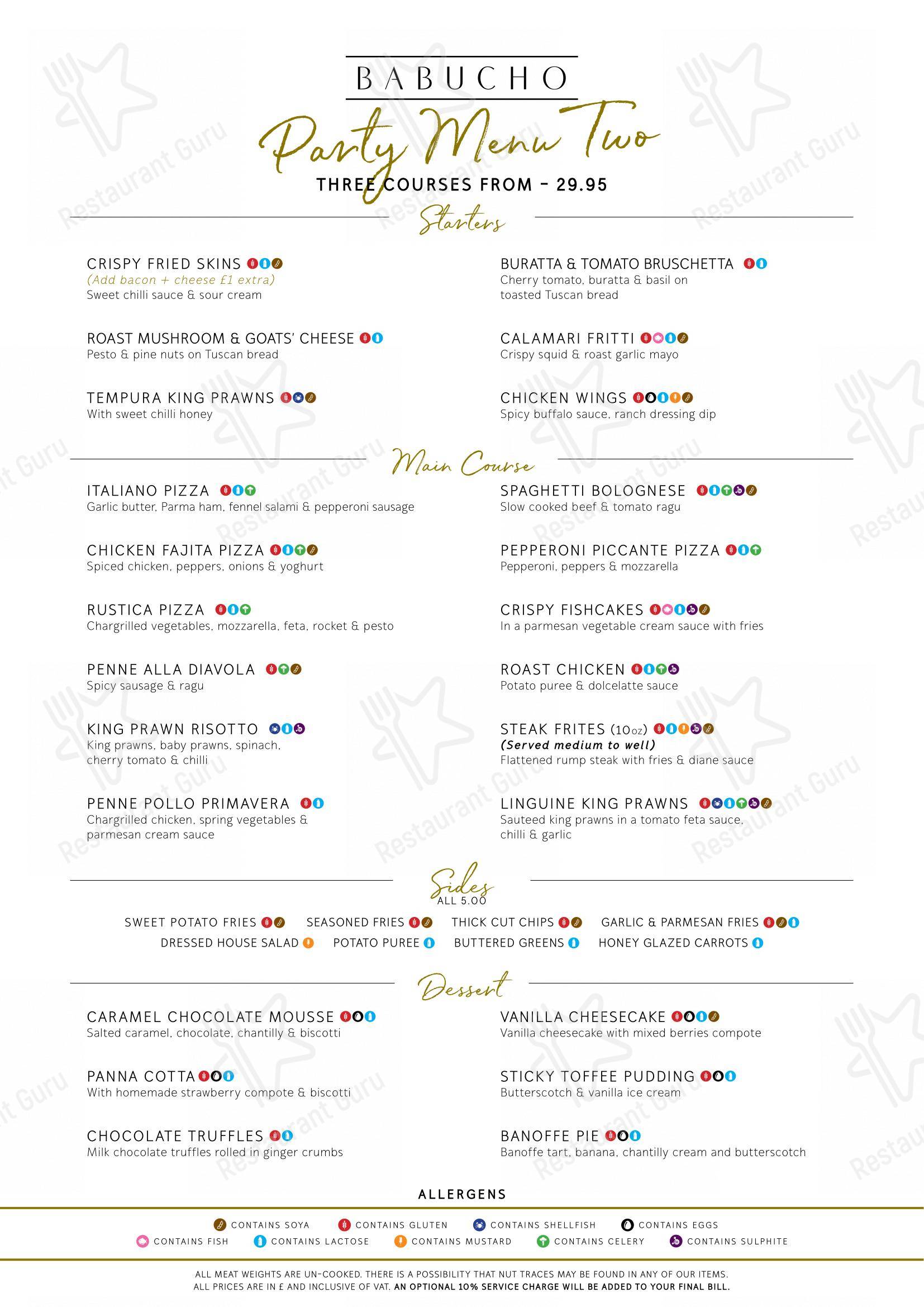 Menu at Babucho Quayside restaurant, Newcastle upon Tyne, Lower