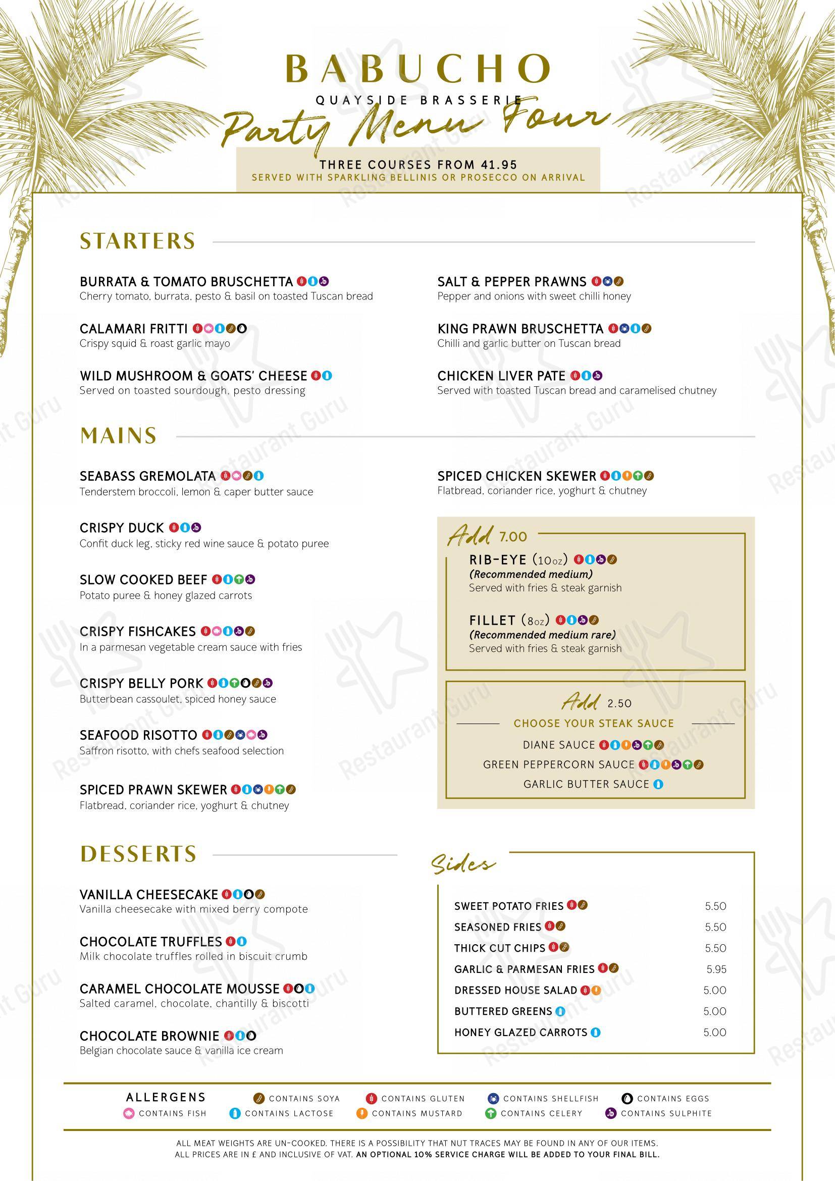 Menu at Babucho Quayside restaurant, Newcastle upon Tyne, Lower